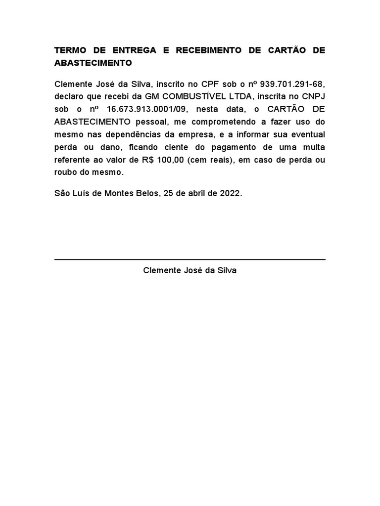 Termo de Entrega de Cartão Abastecimento | PDF | Brasil