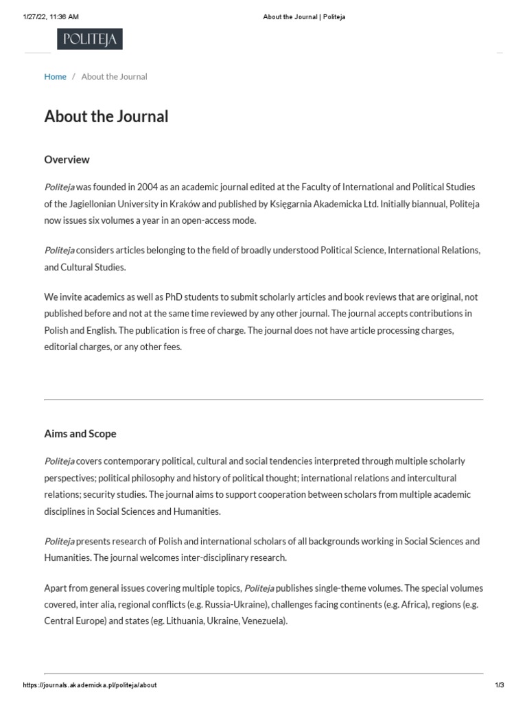 About The Journal - Politeja | PDF | Academic Journal | Open Access