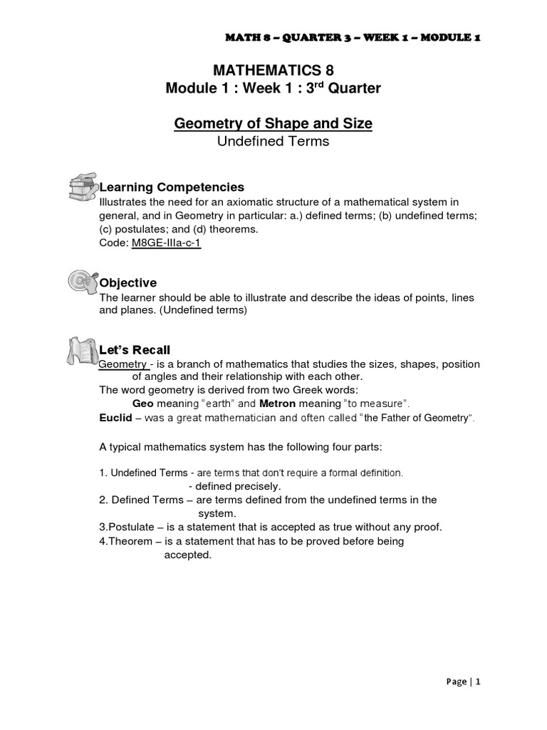 Geometry: Undefined Terms in Math 8 | PDF | Mathematics | Geometry