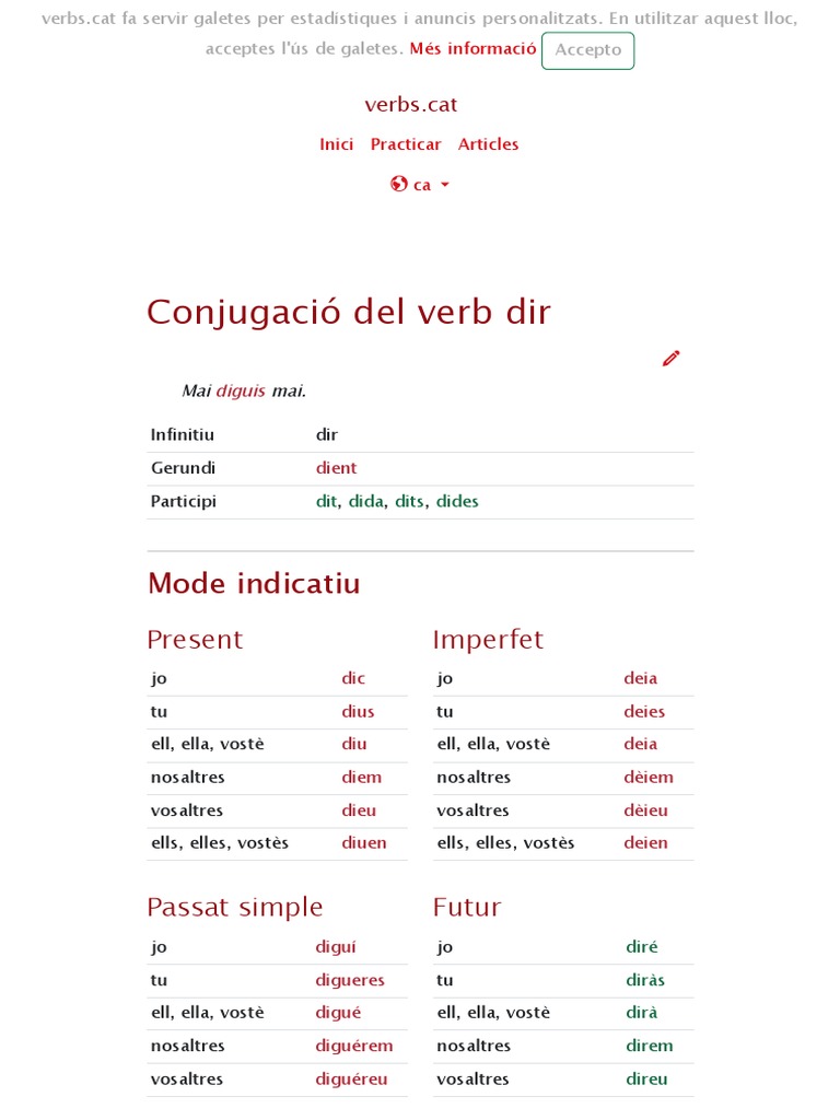 Conjugació Del Verb Dir: Mode Indicatiu | PDF