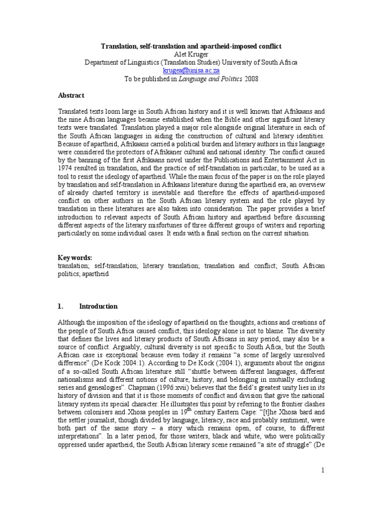 Translation Self Translation and Apartheid Imposed Conflict | PDF ...