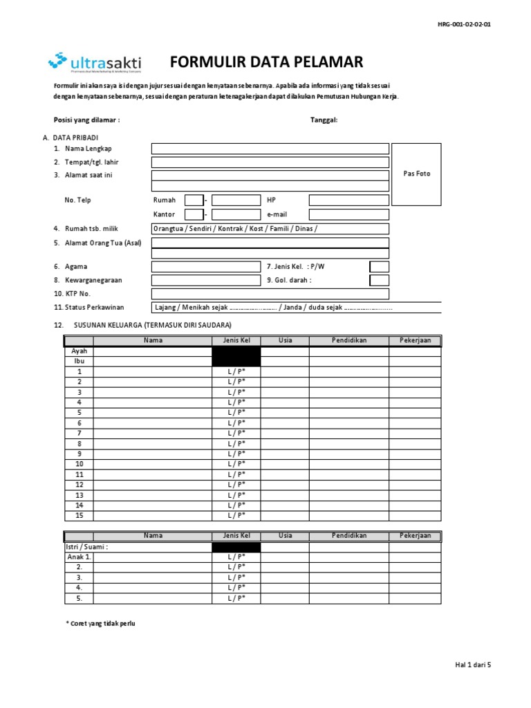 Form Lamaran Kerja Lengkap 2023 | PDF