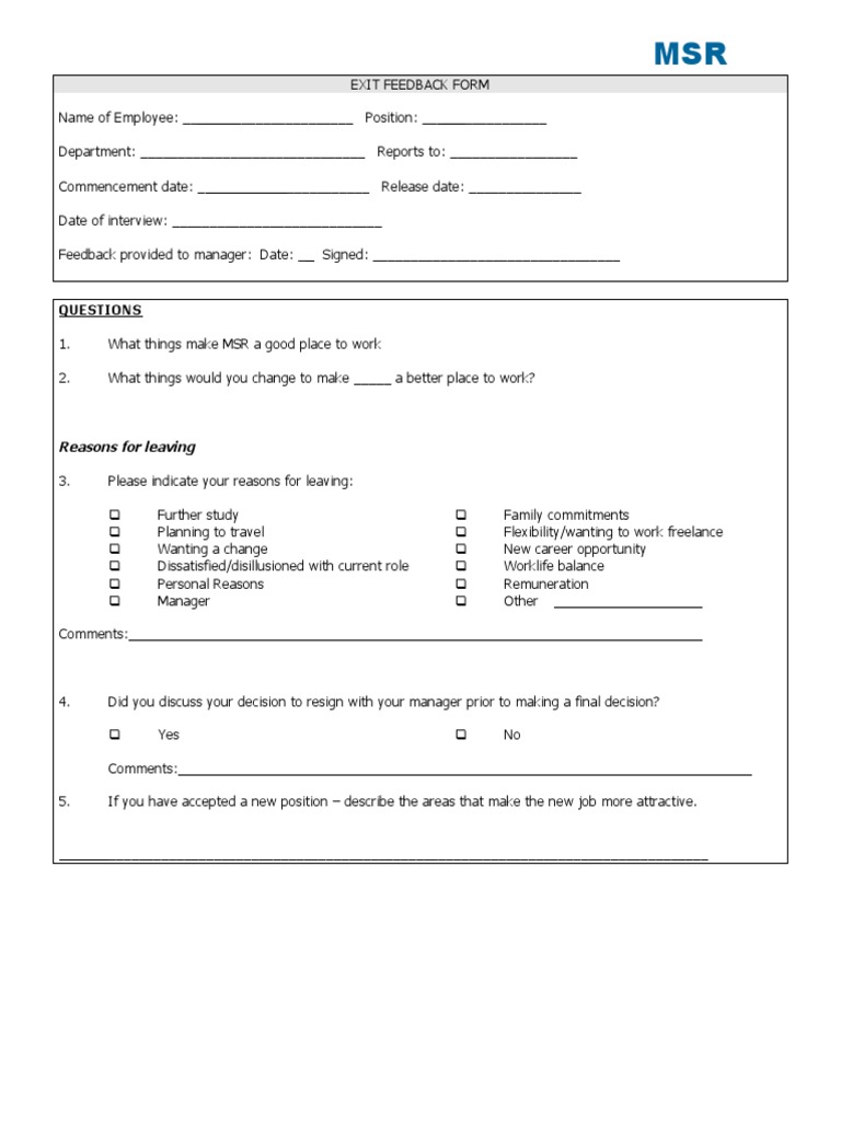 Exit Feedback Form | PDF