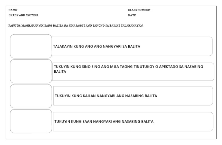 Ano? Sino? Kailan? Saan?: Talakayin Kung Ano Ang Nangyari Sa Balita | PDF