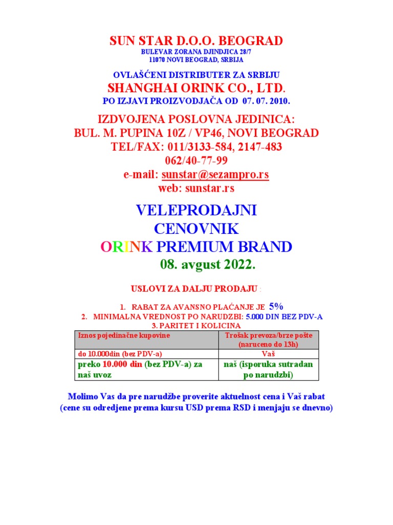 Veleprodajni Cenovnik Premium Brand: Sun Star D.O.O. Beograd | PDF