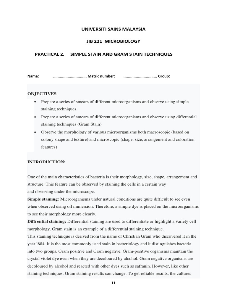 Universiti Sains Malaysia Jib 221 Microbiology Practical 2. Simple Stain and Gram Stain ...