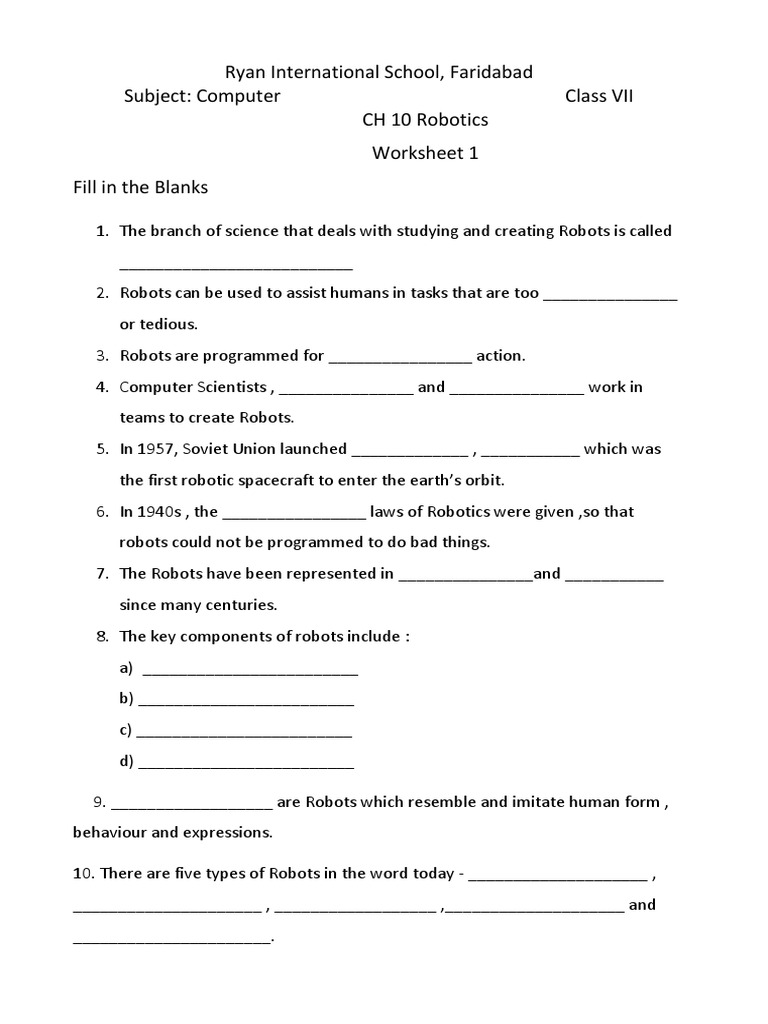 Robotics Worksheet for Class 7 | PDF | Technology & Engineering