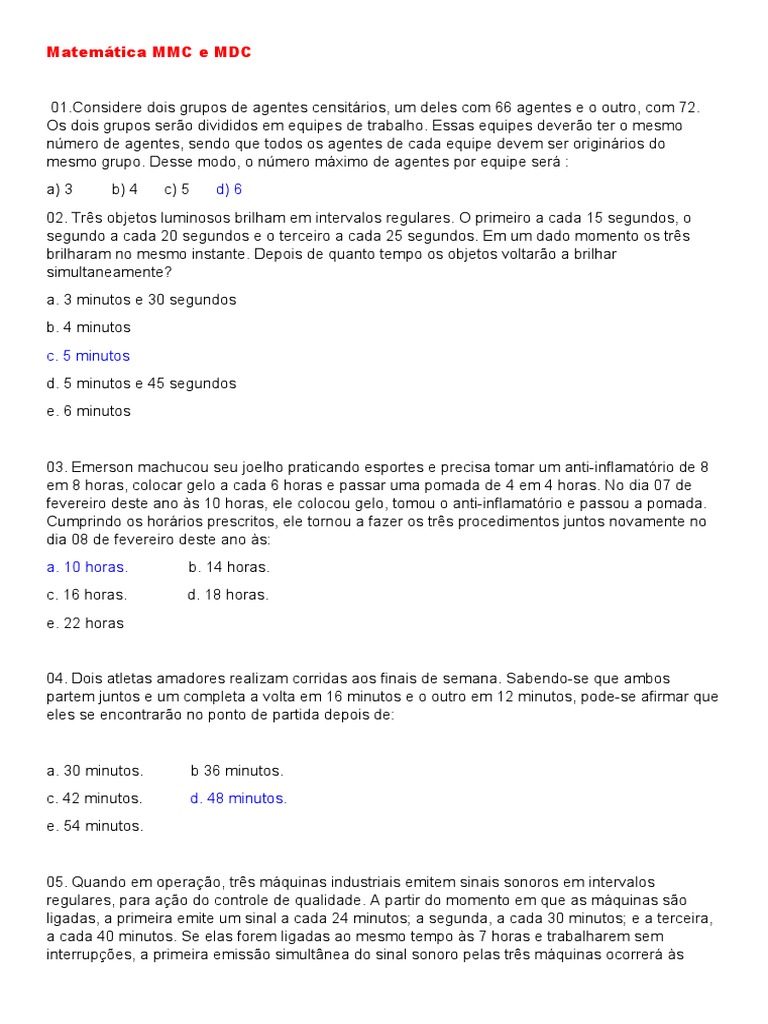 Lista de Exercícios - MMC e MDC | PDF