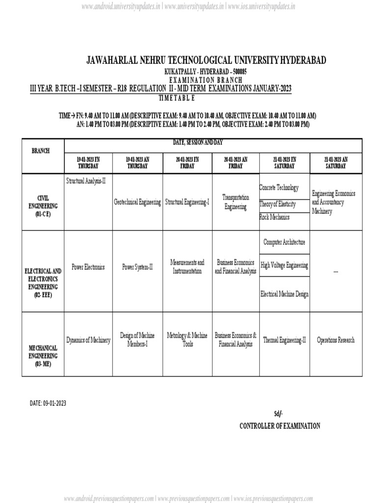 JNTUH B.Tech 3-1 R18 II Midterm Exam Timetable January-2023 | PDF