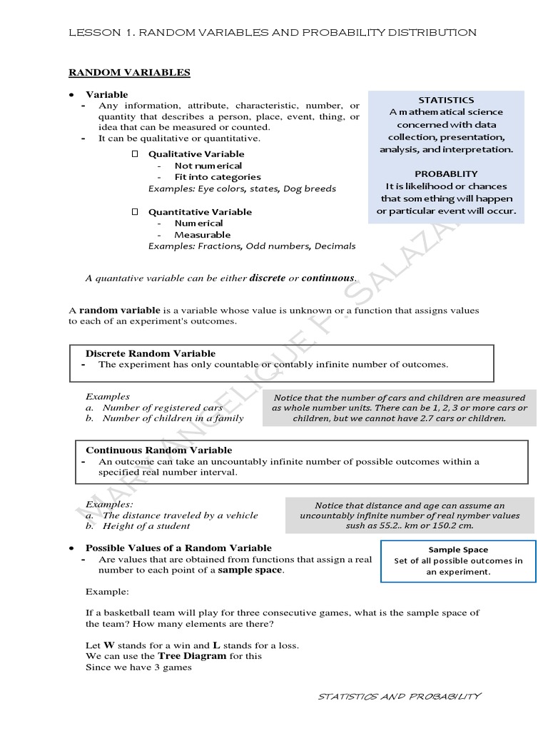 Lesson 1. Random Variables & Probability Distribution | PDF | Probability Distribution | Random ...