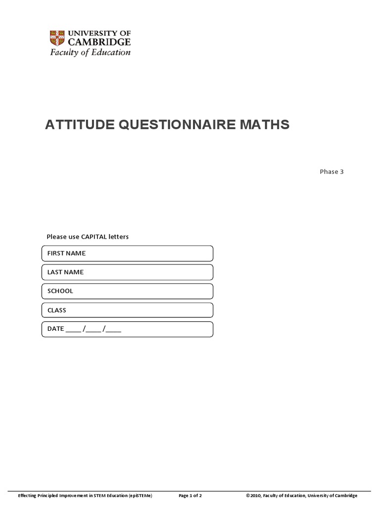 Maths Attitude Questionnaire | PDF | Psychology | Cognitive Science