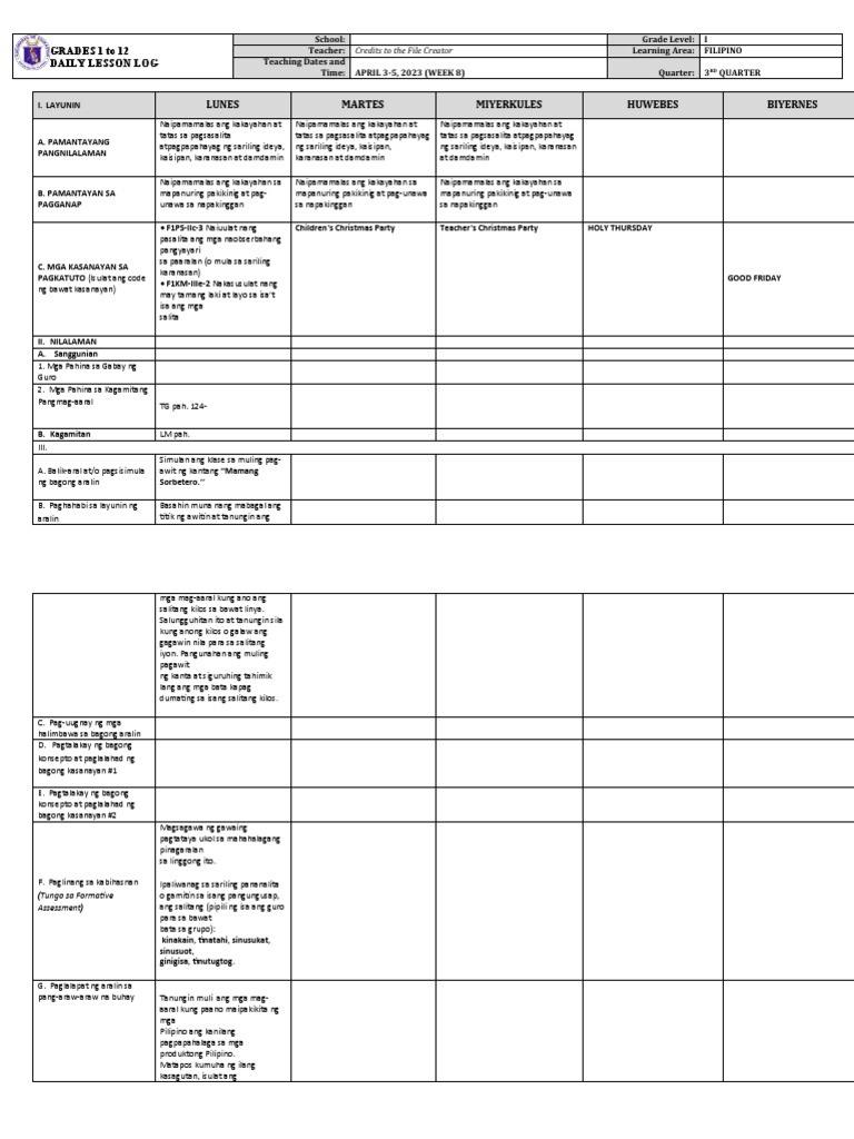 DLL - Filipino 1 - Q3 - W8 | PDF