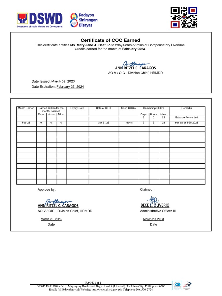 Certificate of COC Earned: March 29, 2023 March 29, 2023 | PDF