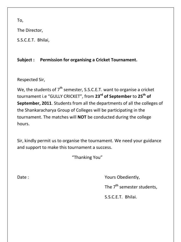 Subject: Permission For Organising A Cricket Tournament.: RD TH | PDF