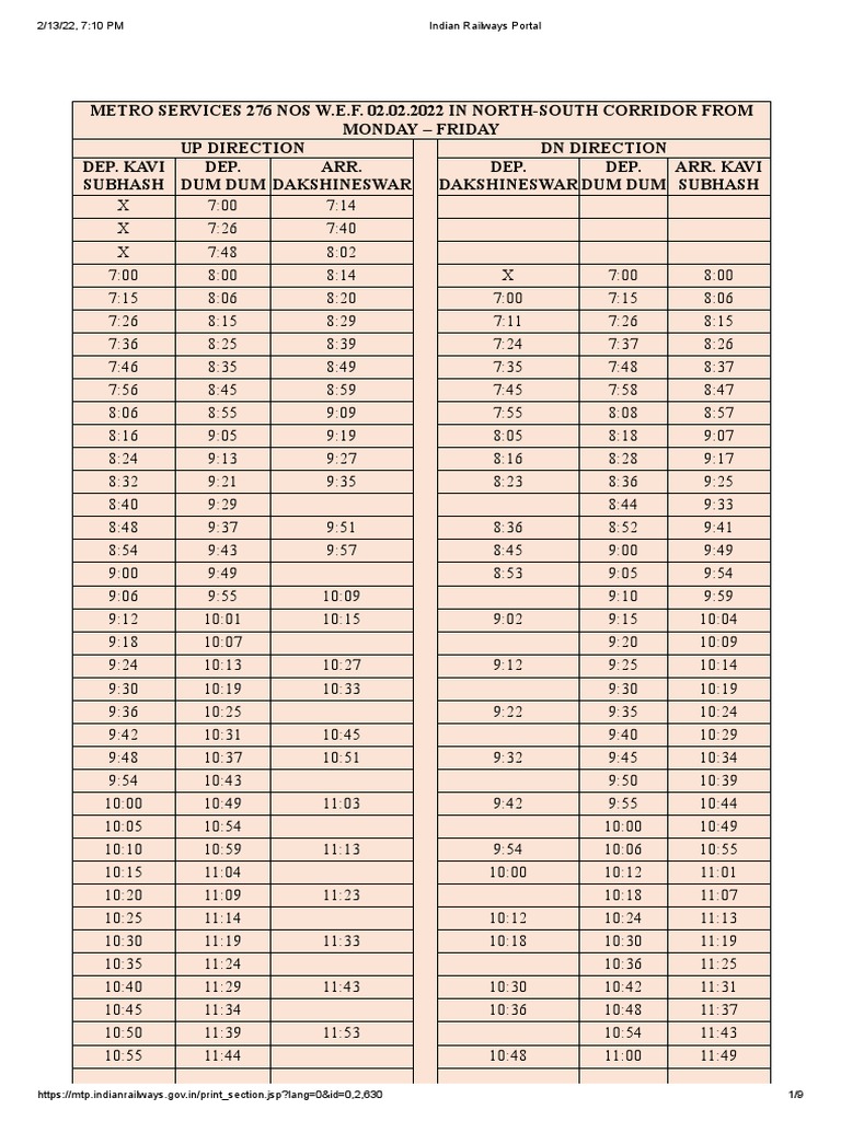 Metro - Timetable For Kolkata Metro | PDF | Passenger Rail Transport ...