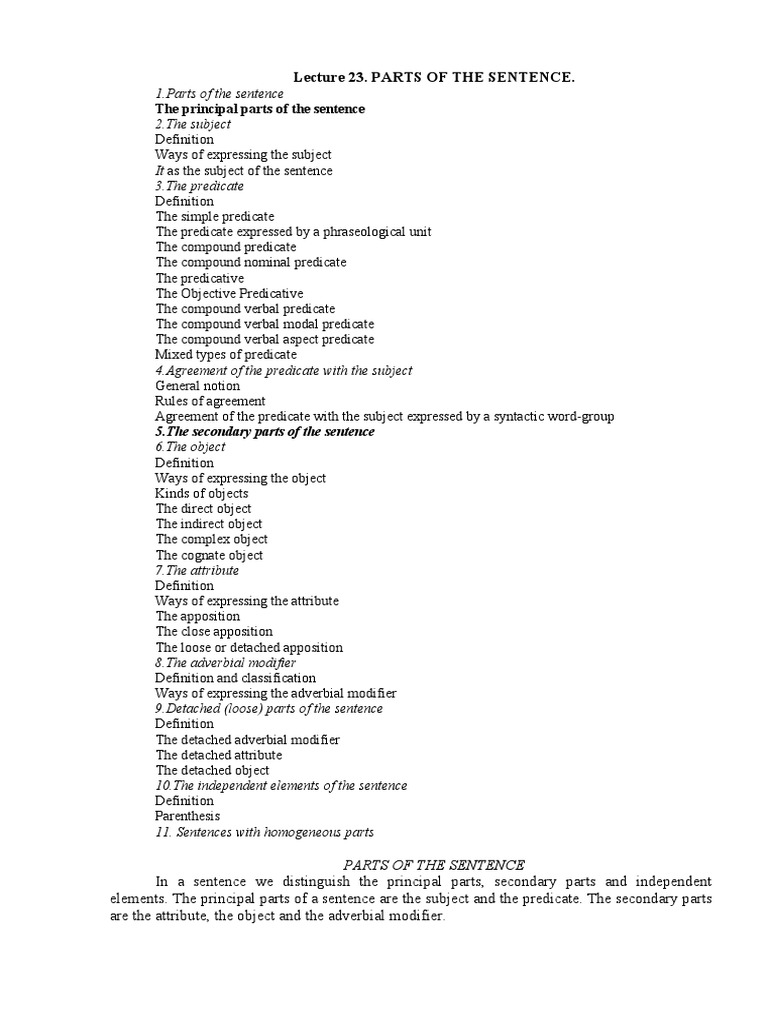 Lecture 23. PARTS OF THE SENTENCE. | PDF | Verb | Subject (Grammar)