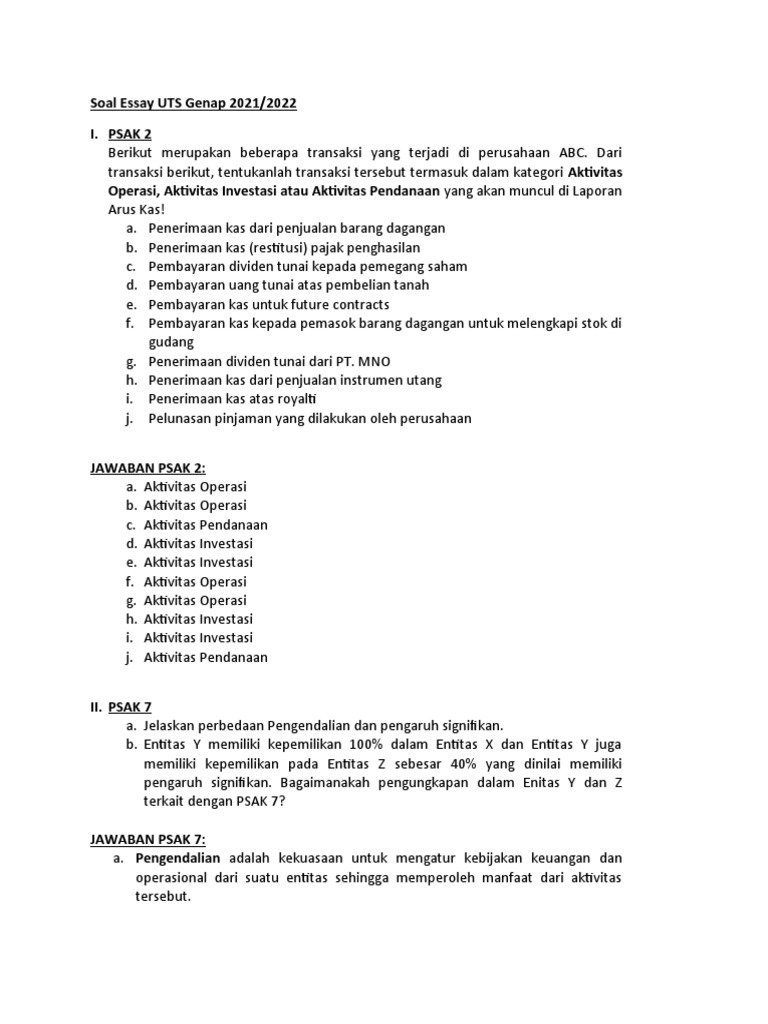 Soal Essay UTS Genap 2021/2022 I. Psak 2 Operasi, Aktivitas Investasi Atau Aktivitas Pendanaan ...