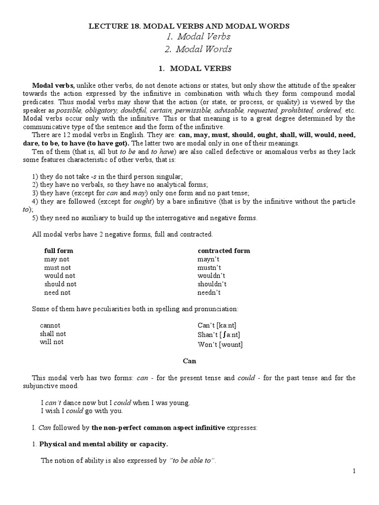 Lecture 18. Modal Verbs and Modal Words | PDF | Verb | Morphology