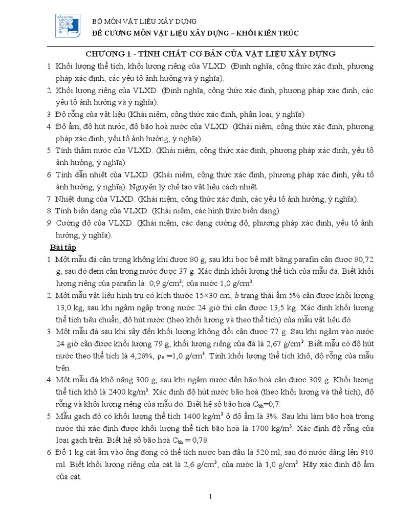 ĐỀ CƯƠNG VLXD (2TC) | PDF