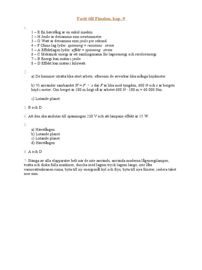 Facit Till Finalen Kap 9 10 11 | PDF