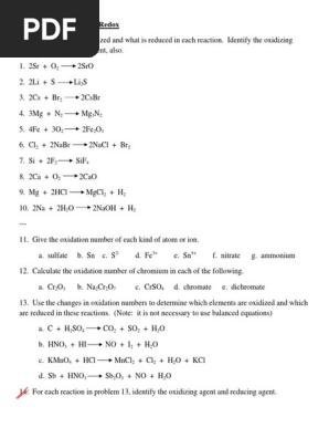 Chapter 20 Worksheet Redox Questions On Balancing Redox Reactions
