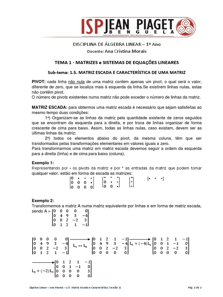1.5. Matriz Escada e Característica de Uma Matriz (Versão 3) | PDF ...