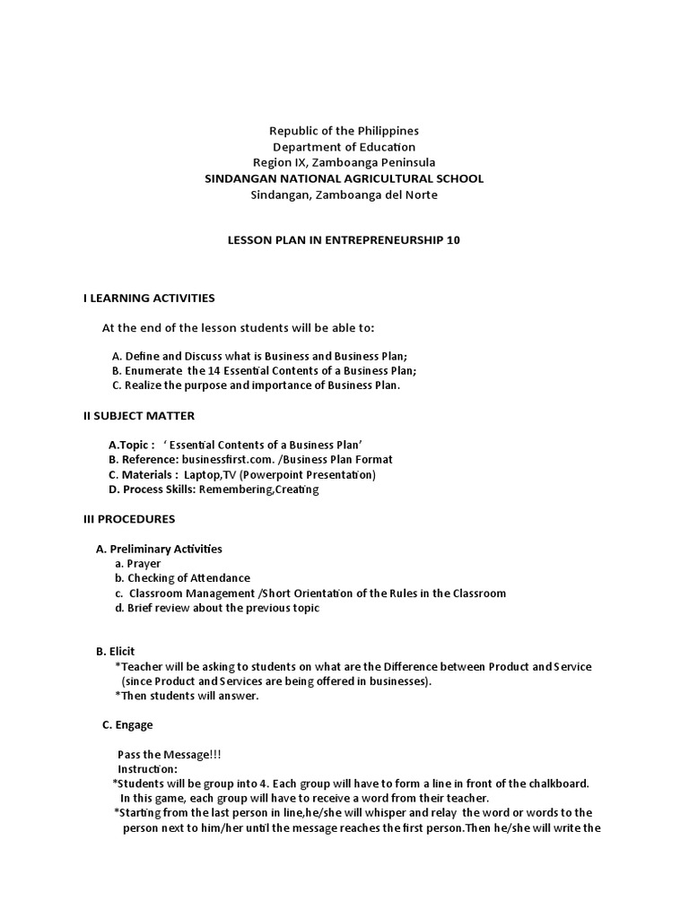 1 Lesson Plan in Entrepreneurship 10 | PDF | Business Plan | Business