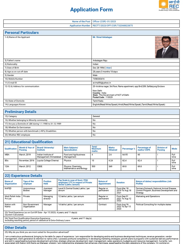 Application Form: Personal Particulars | PDF