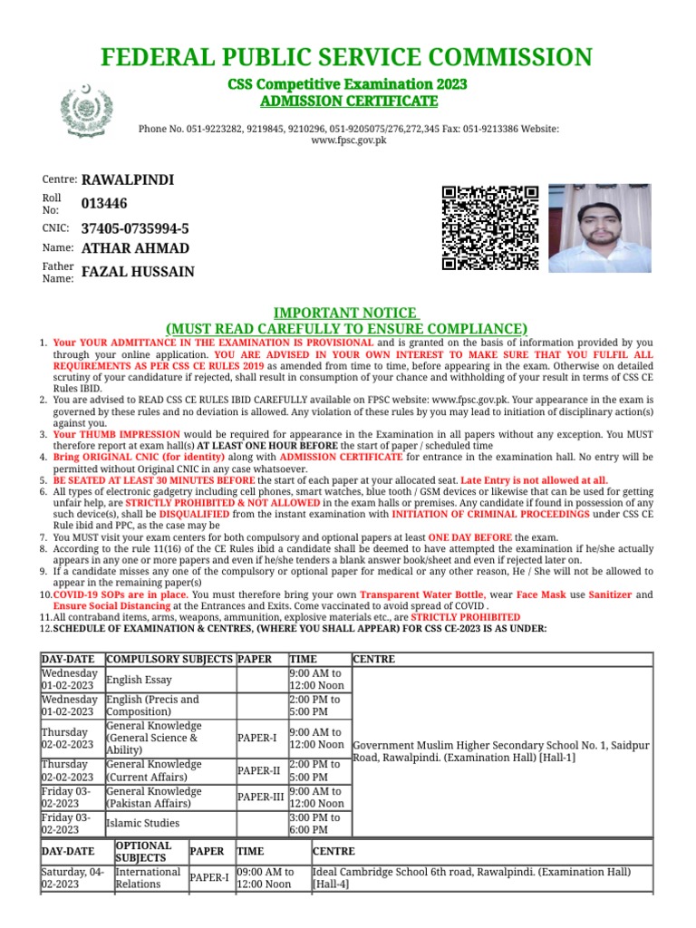 Federal Public Service Commission: CSS Competitive Examination 2023 Admission Certificate | PDF