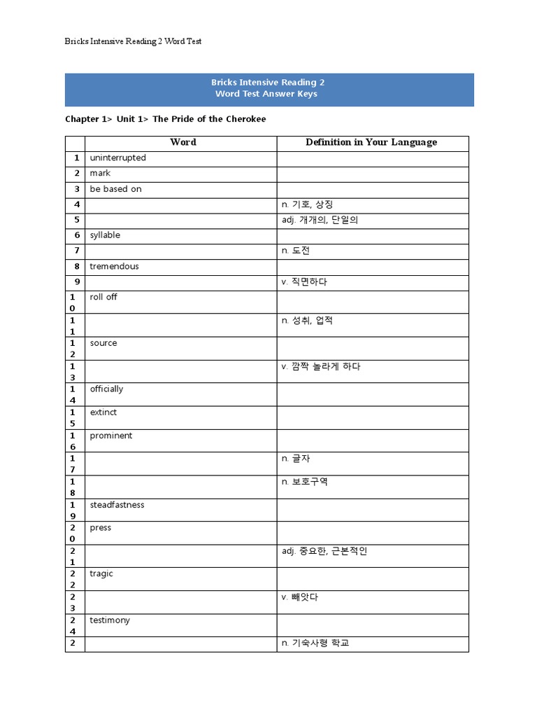Bricks Intensive Reading_L2_Word Test | PDF