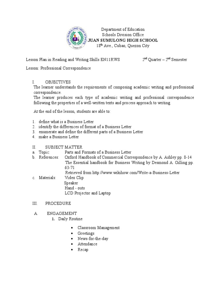 Professional Correspondence Lesson Plan Grade 11 | PDF
