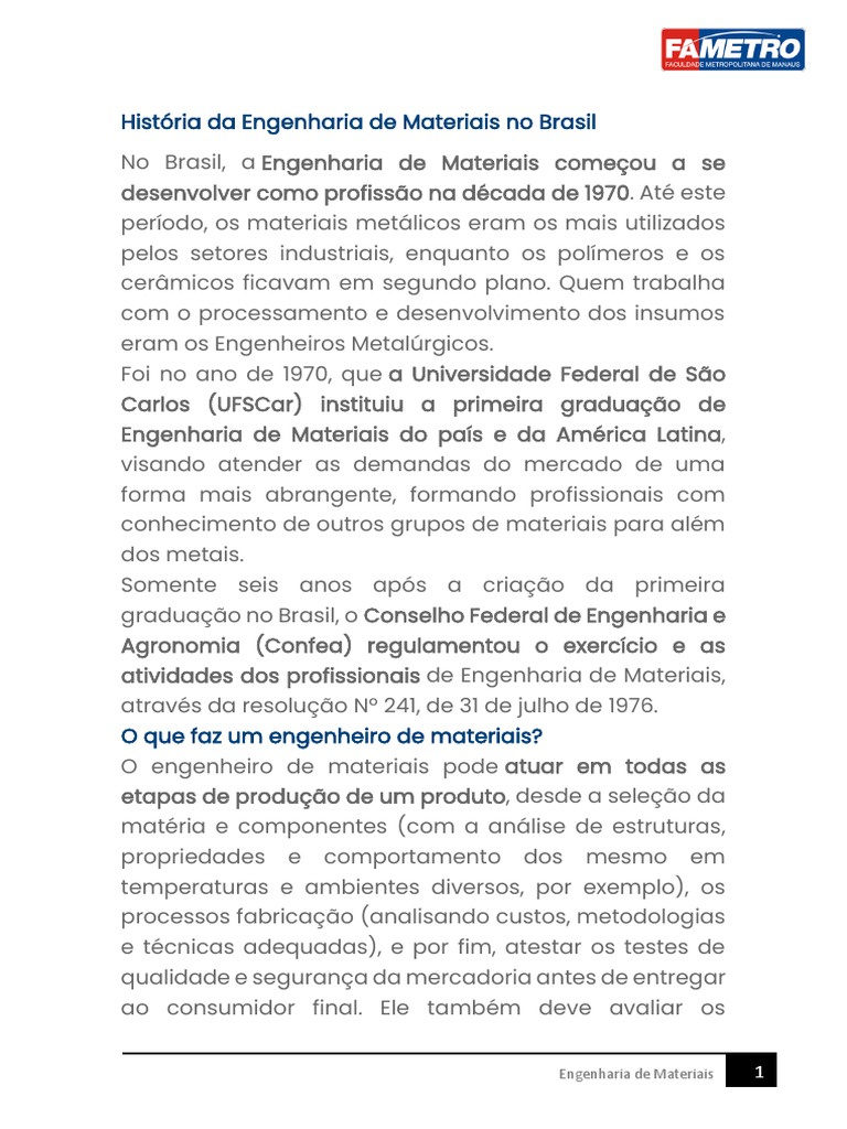 História Da Engenharia De Materiais No Brasil Pdf