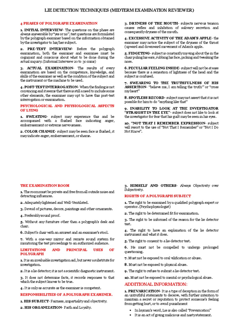 Lie Detection Techniques Reviewer (Midterm) | PDF | Polygraph | Deception