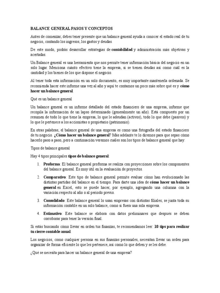 Balance General Pasos y Conceptos | PDF | Contabilidad | Hoja de balance