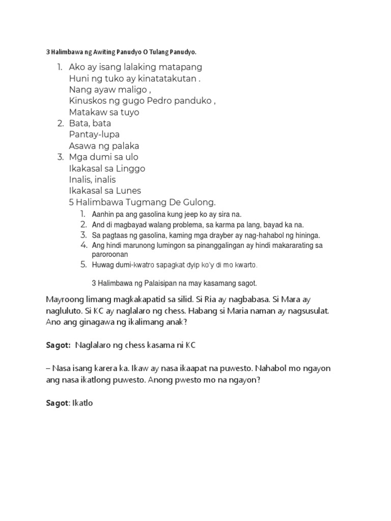 3 Halimbawa NG Awiting Panudyo O Tulang Panudyo.: Sagot: Naglalaro NG ...