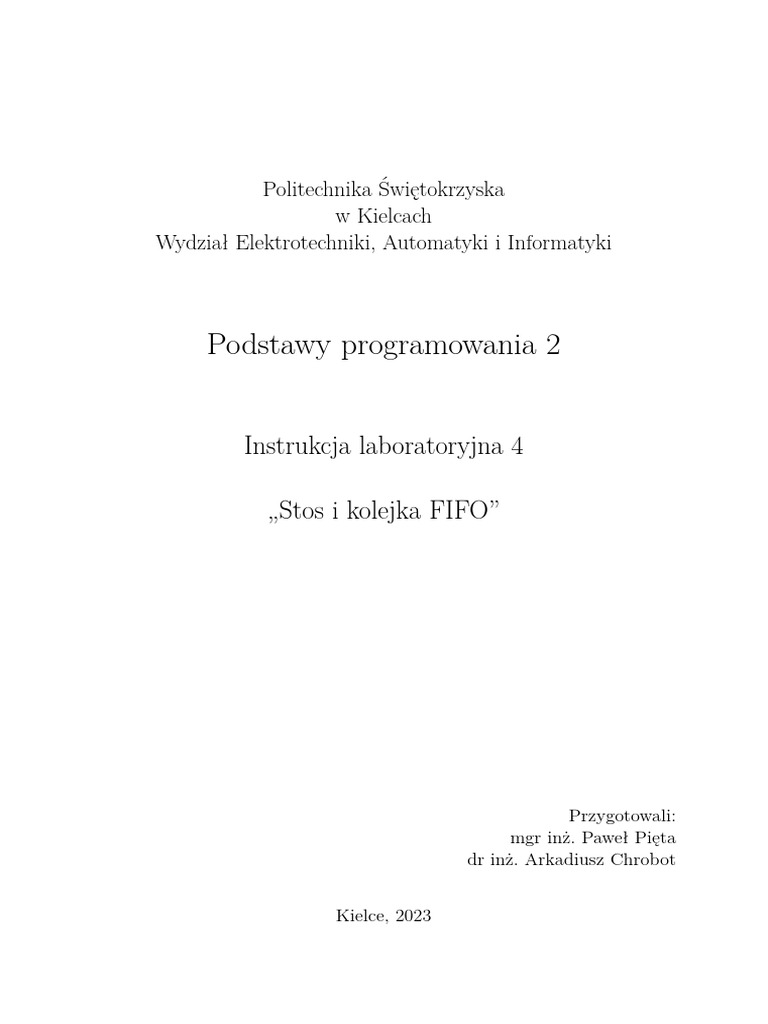 Podstawy Programowania 2: Instrukcja Laboratoryjna 4 Stos I Kolejka FIFO" | PDF