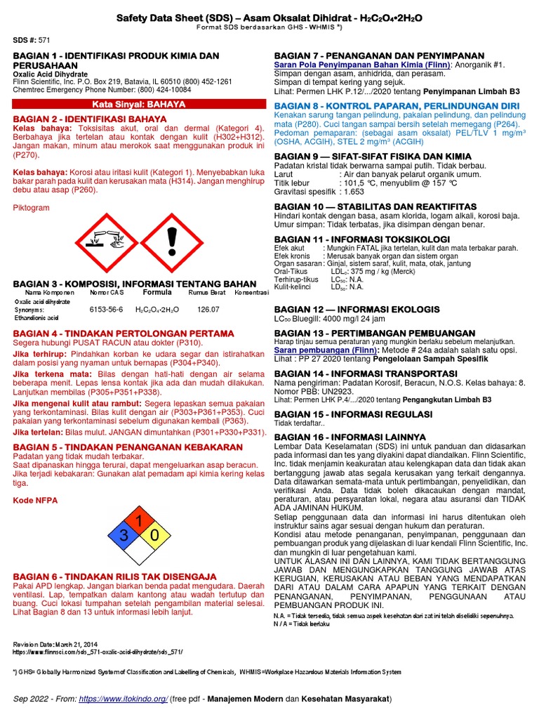 SDS - Asam Oksalat Dihidrat - H2C2O4 - 2H2O | PDF