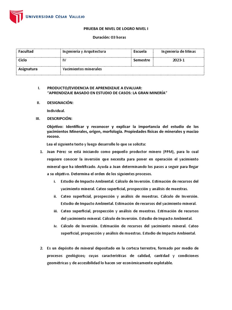 PRUEBA DE NIVEL DE LOGRO Nivel 1 (VI CICLO) - 19.04.2023 | PDF | Minería | Evaluación