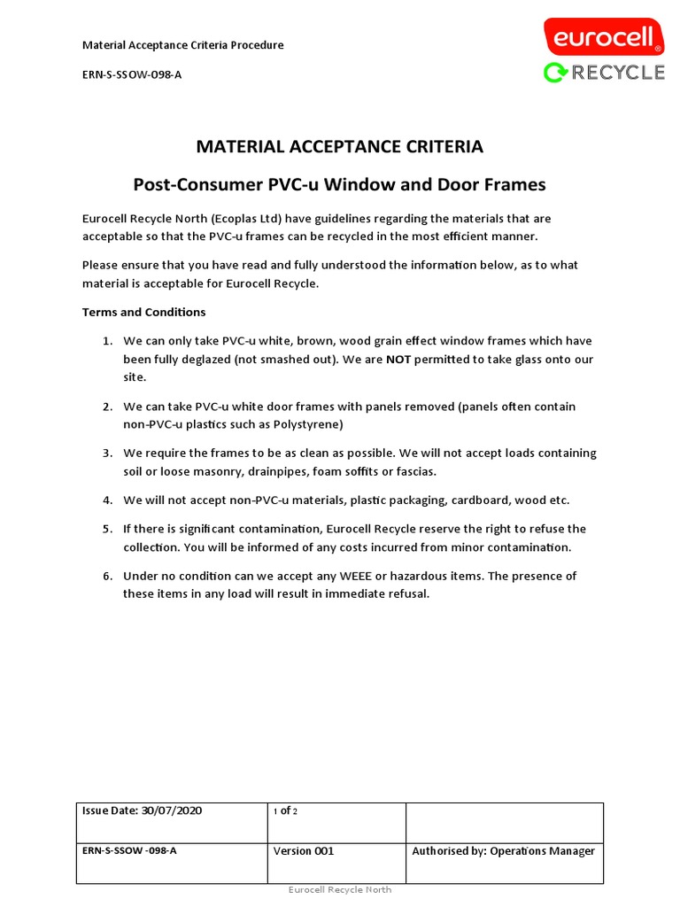 Material Acceptance Criteria | PDF