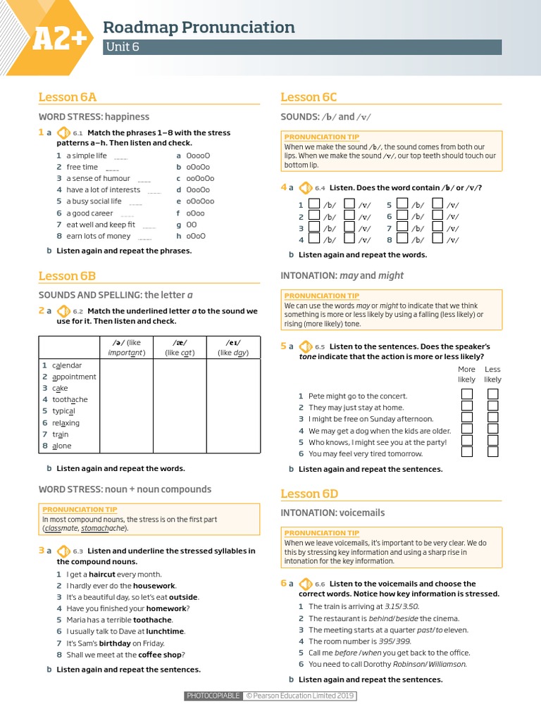 ROADMAP A2+ Pronunciation Worksheet Unit (6) | PDF | Stress ...