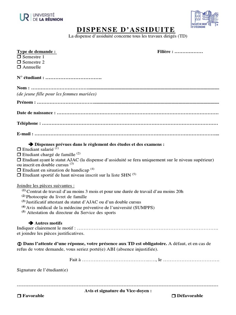 Formulaire Dispense Assiduite | PDF