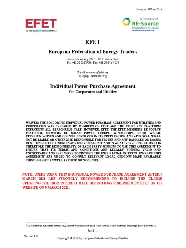 EFET Power Purchase Agreement (Full Version) - in Cooperation With RE ...