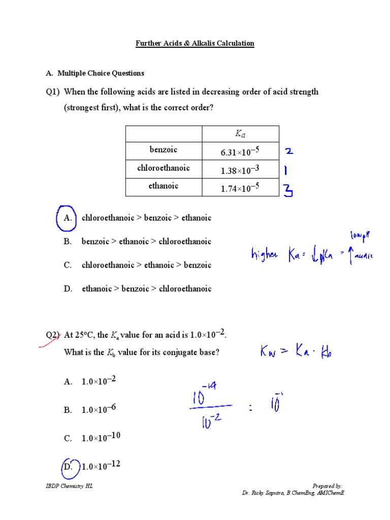 Further Acids & Alkalis Calculation MCQs | PDF | Acid Dissociation ...