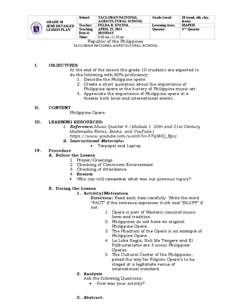 Grade 10 DLP Mapeh | PDF | Opera | Philippines