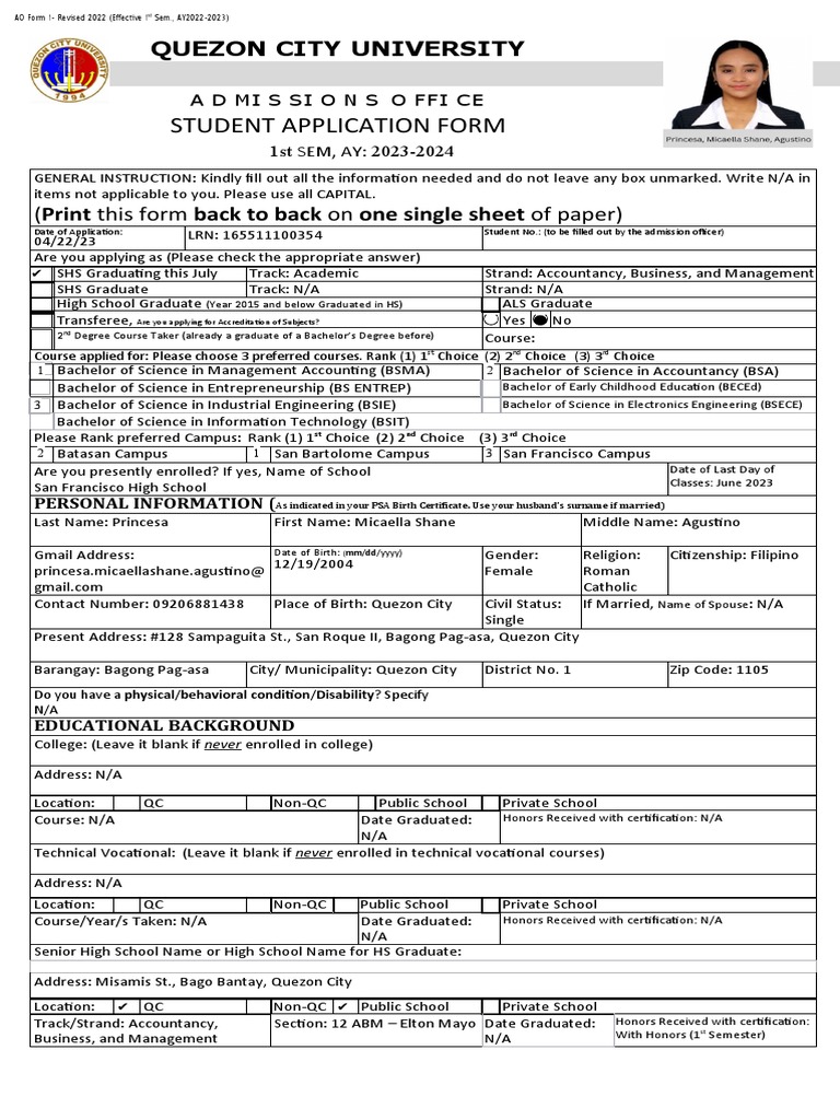 Student Application Form: Quezon City University | PDF | Privacy ...