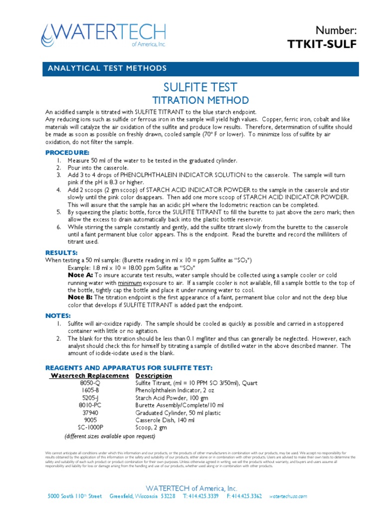 Sulfite Test: Ttkit-Sulf | PDF | Titration | Chemistry