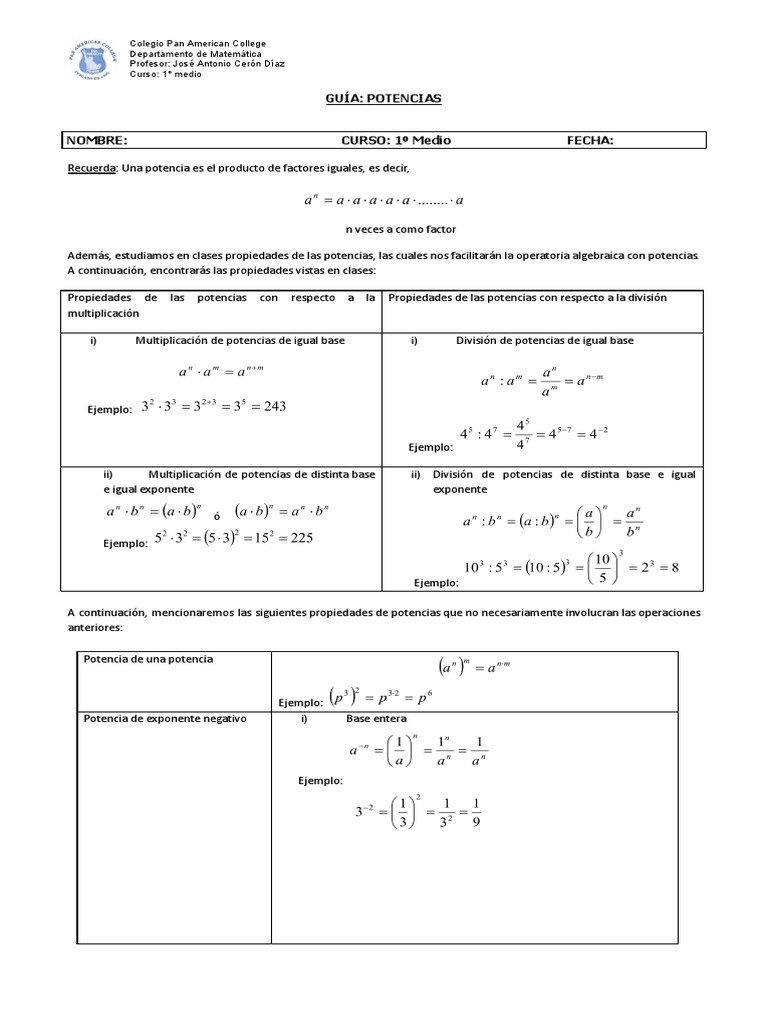 Guia Potencias | PDF | Exponenciación | Multiplicación
