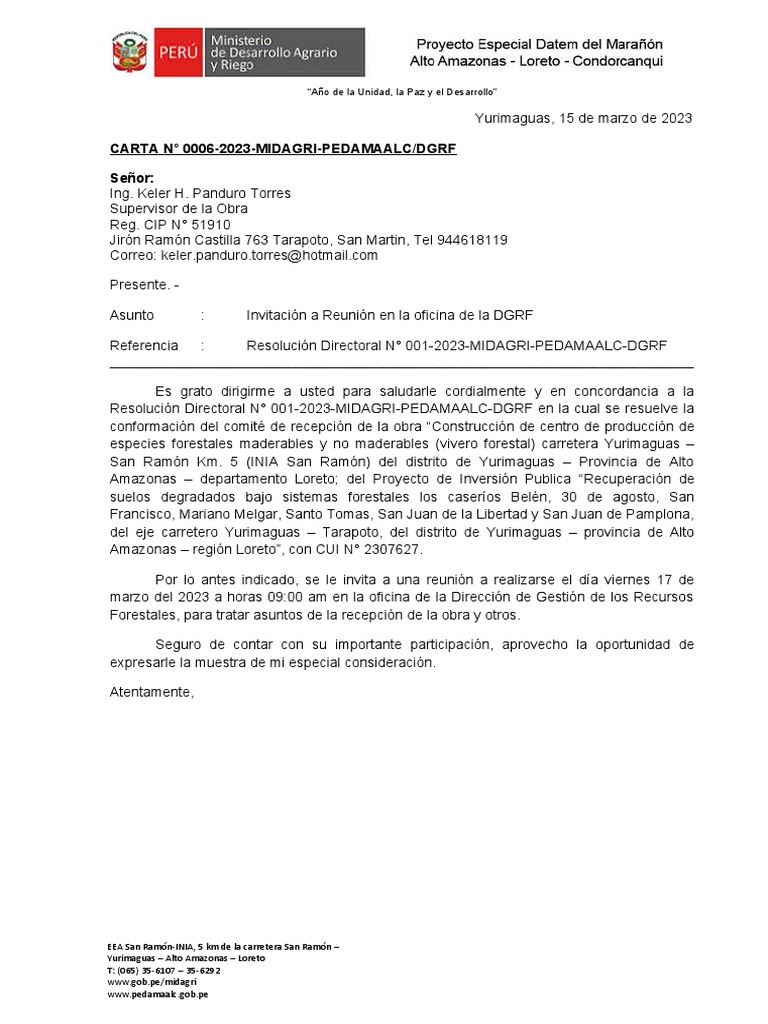 Carta #0006-2023-Midagri-Pedamaalc/Dgrf Señor:: "Año de La Unidad, La ...