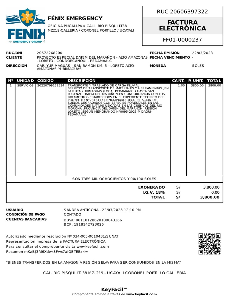 Fénix Emergency: Factura Electrónica | PDF