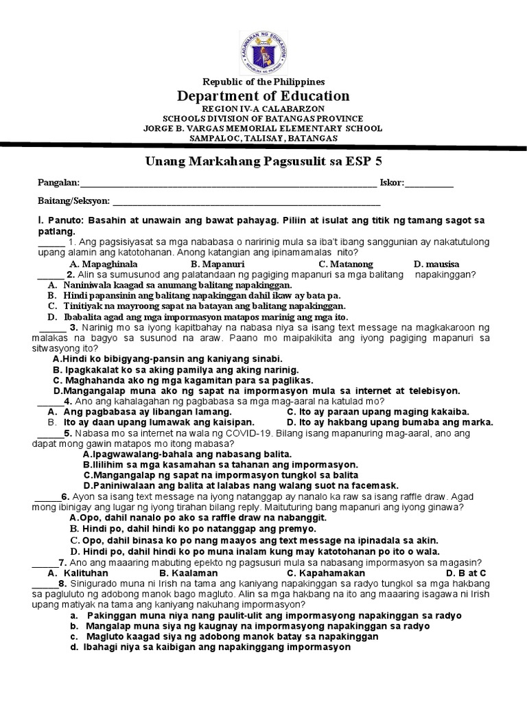 Unang Markahang Pagsusulit Sa Esp 5 | PDF